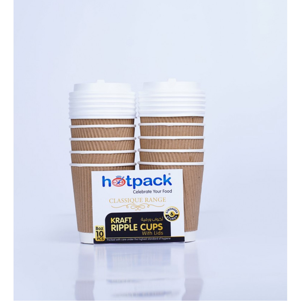 HOTPACK KRAFT RIPPLE CUP 8 OZ + WHITE LIDS 10 Pieces ( 20 Packs Per Carton ) - Sinaha Platform